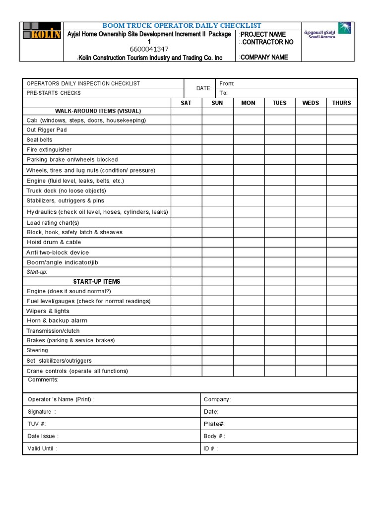 FC 4.1.20 - Boom Truck Operator's Daily Checklist | PDF