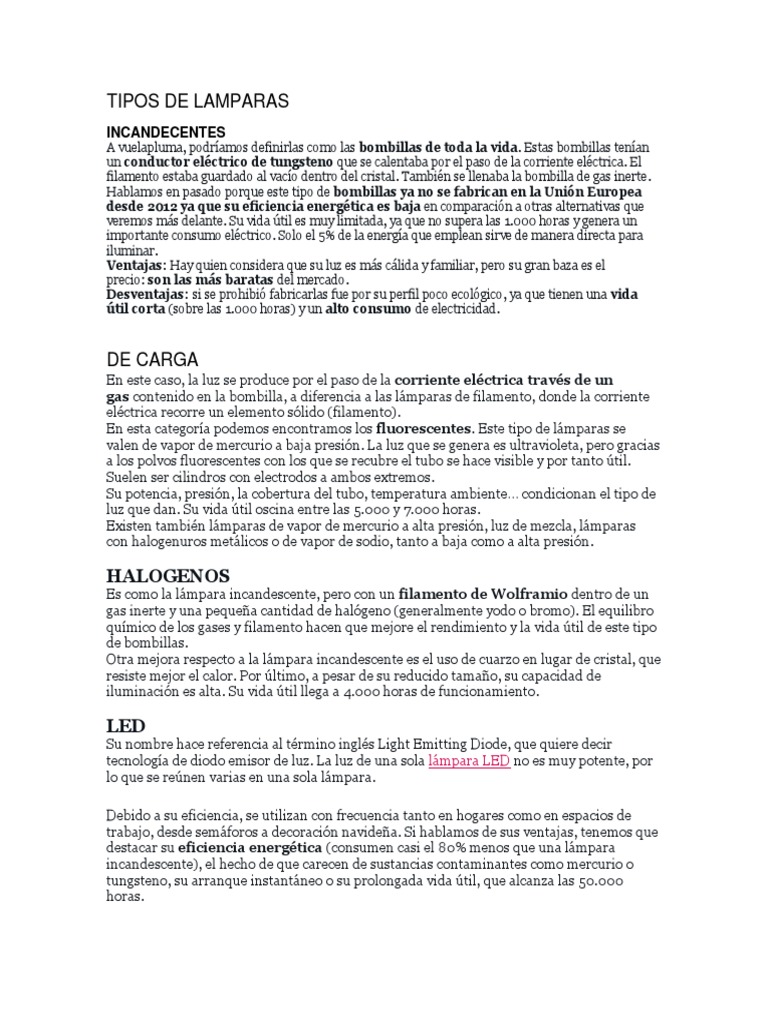 Tipos de Lamparas | PDF | Bombilla incandescente | Lámpara fluorescente