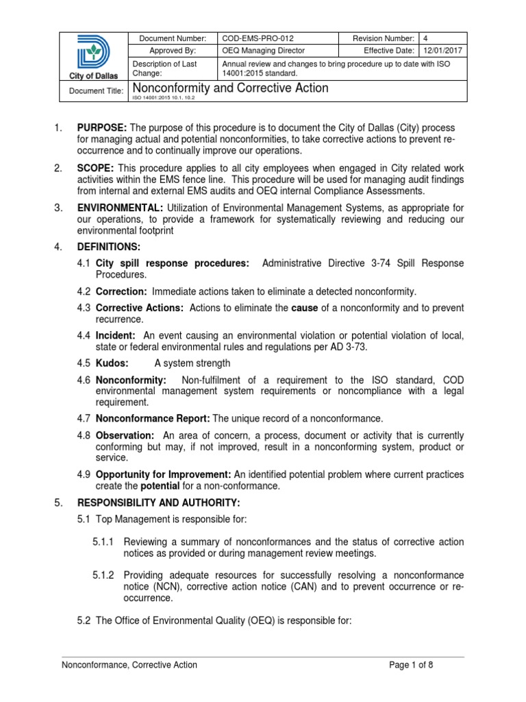 Nonconformity and Corrective Action: Purpose | PDF | Audit | Internal Audit