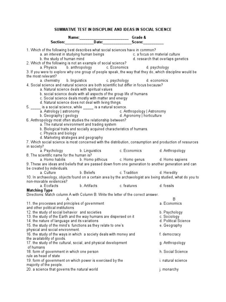 Summative Test in Discipline and Ideas in Social Science | PDF | Social ...