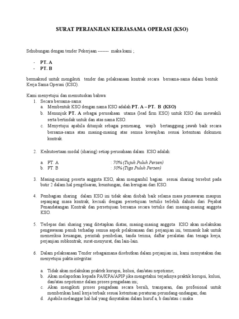SURAT PERJANJIAN KSO-draft | PDF