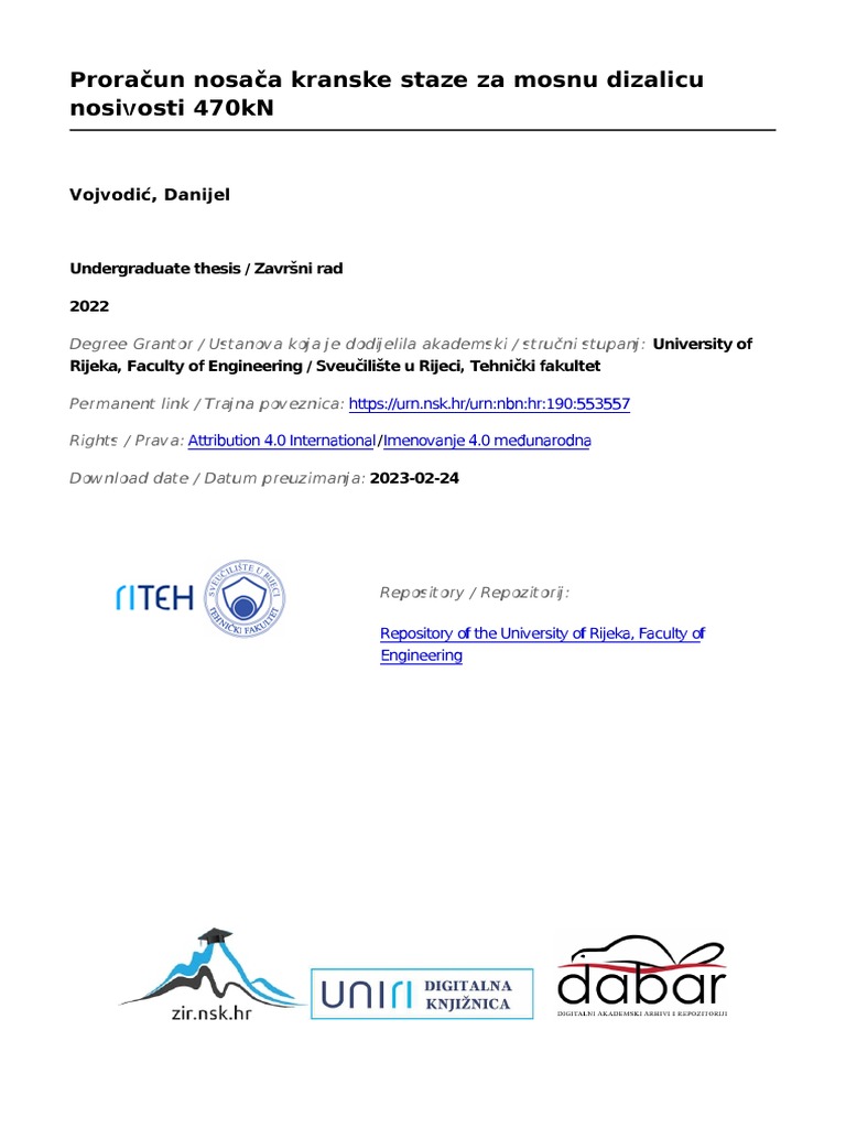 Danijel Vojvodic - Proracun Nosaca Kranske Staze Za Mosnu Dizalicu Nosivosti 470kn | PDF