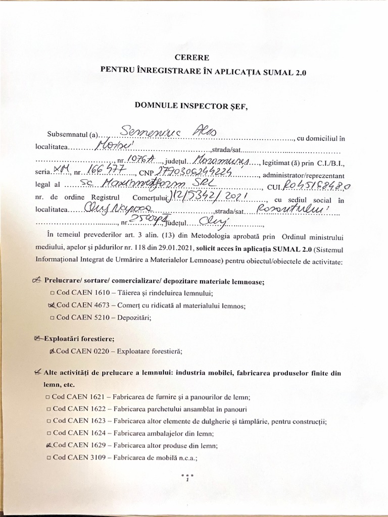 Cerere Inregistrare Sumal | PDF