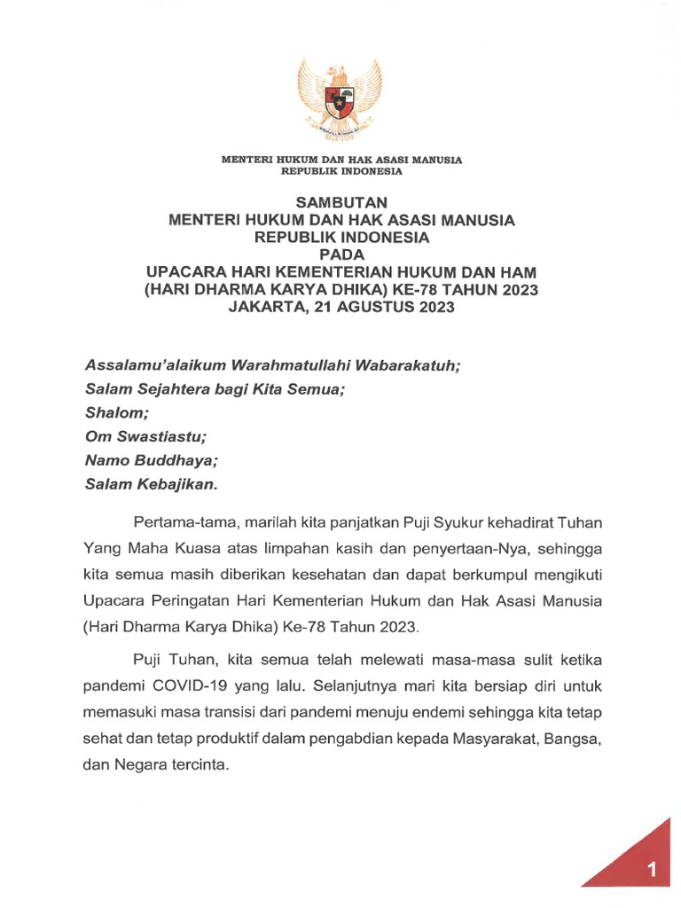 23-08-21 Format A4 Sambutan Menkumham Pada HDKD Tahun 2023 Wilayah | PDF
