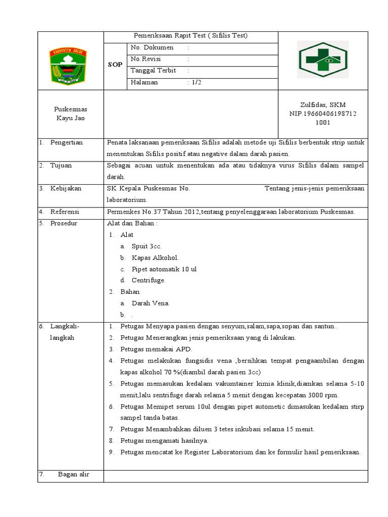 SOP Pemeriksaan Rapit Test (Sifilis) | PDF