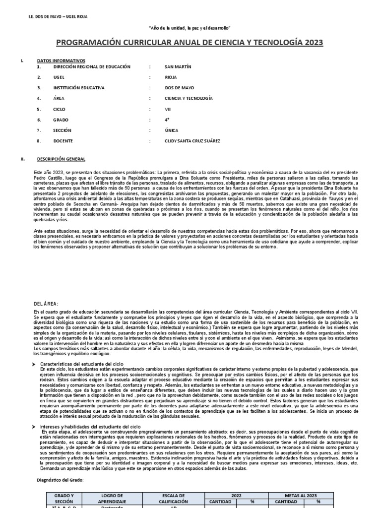 Programaci N Anual de 4to de Secundaria 2023 - CyT | PDF | Moléculas | Aprendizaje