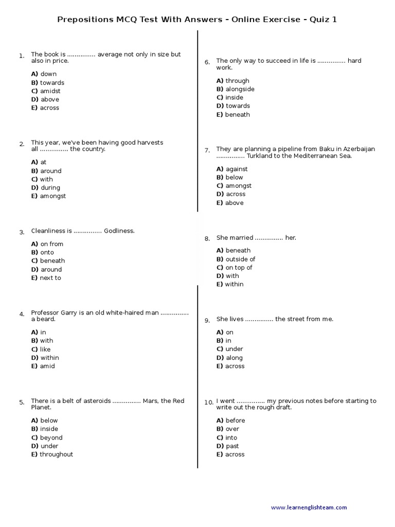 1 - Prepositions Test With Answers Online Exercise Quiz 1 ...