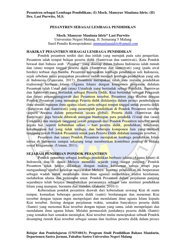 Idris, Moch. Mansyur Maulana, S.Pd. Pesantren Sebagai Lembaga Pendidikan | PDF