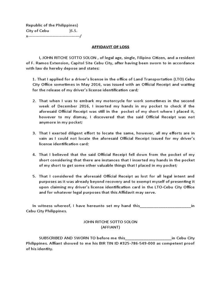 Affidavit of Loss - Solon | PDF