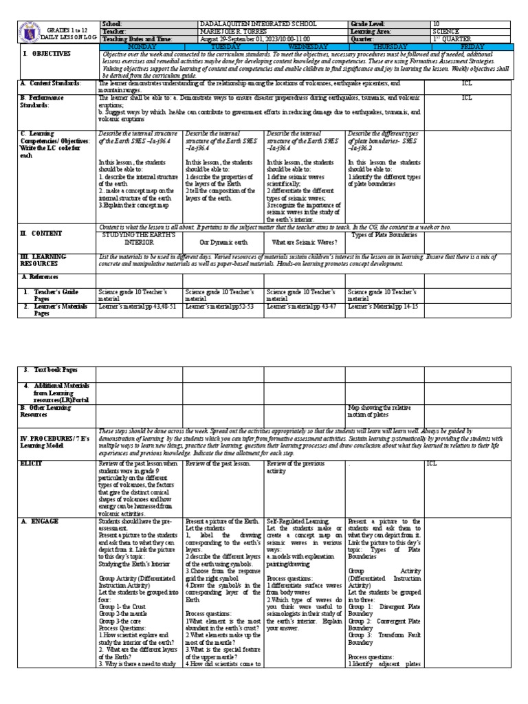 Grade 10-DLL Earth Sci W1 | PDF | Plate Tectonics | Planetary Core