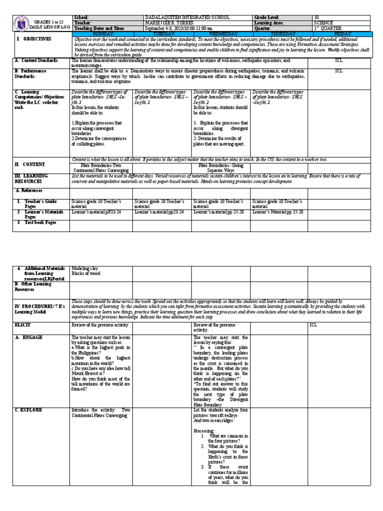 Grade 10-DLL Earth SC W2 | PDF | Plate Tectonics | Learning