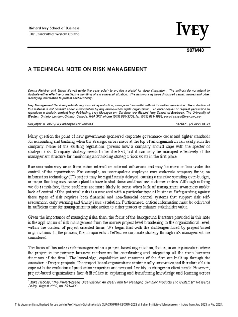 A Technical Note On Risk Management | PDF | Risk | Enterprise Risk ...