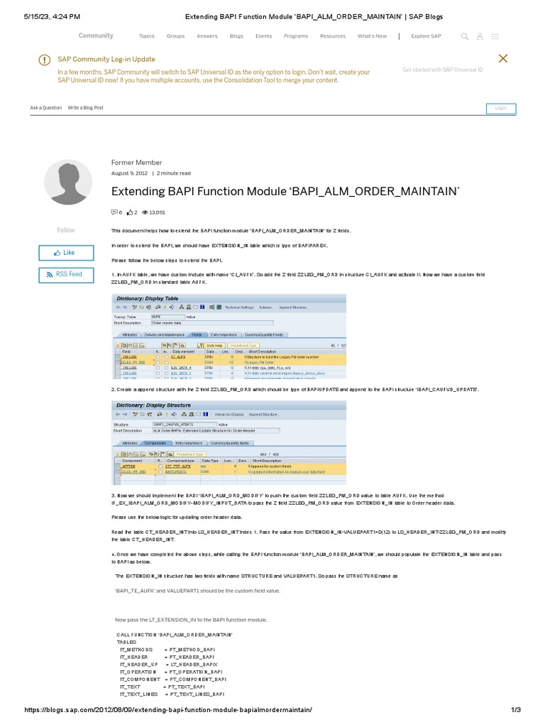Sap Pp Extending Bapi Function Module Bapi Alm Order Maintain Sap Blogs Pdf Data