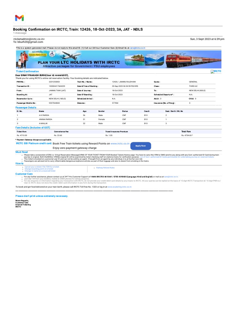 Gmail - Booking Confirmation On IRCTC, Train - 12426, 18-Oct-2023, 3A, JAT - NDLS | PDF | Credit ...