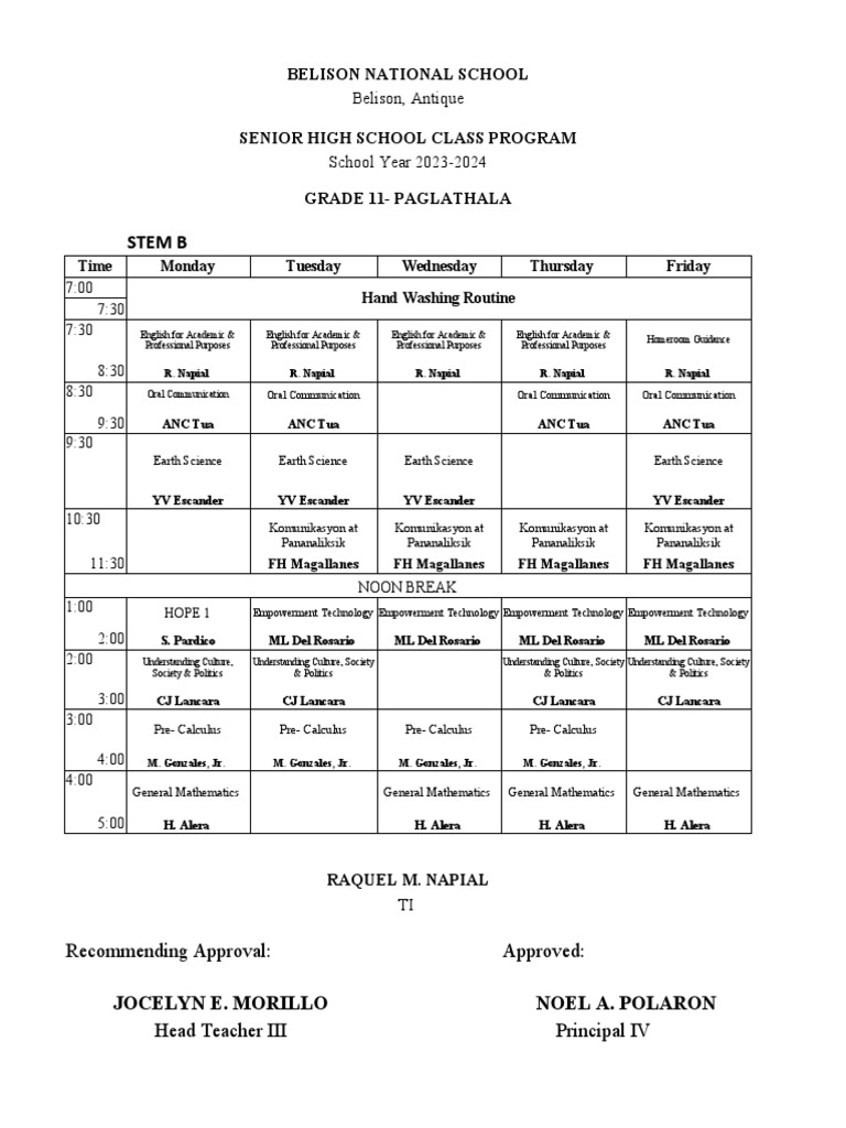 Grade 11 Class Schedule 2023-2024 | PDF | Science | Observation