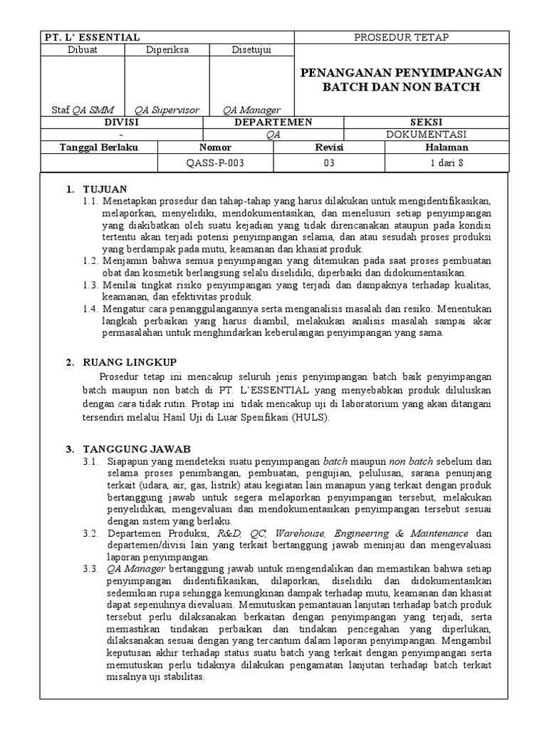 QASS-P-003 (03) Penanganan Penyimpangan Batch Dan Non Batch | PDF