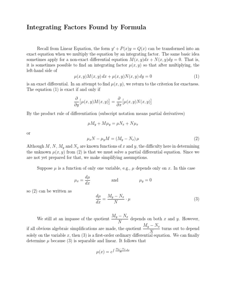 10 Non-Exact Equations | PDF | Equations | Derivative