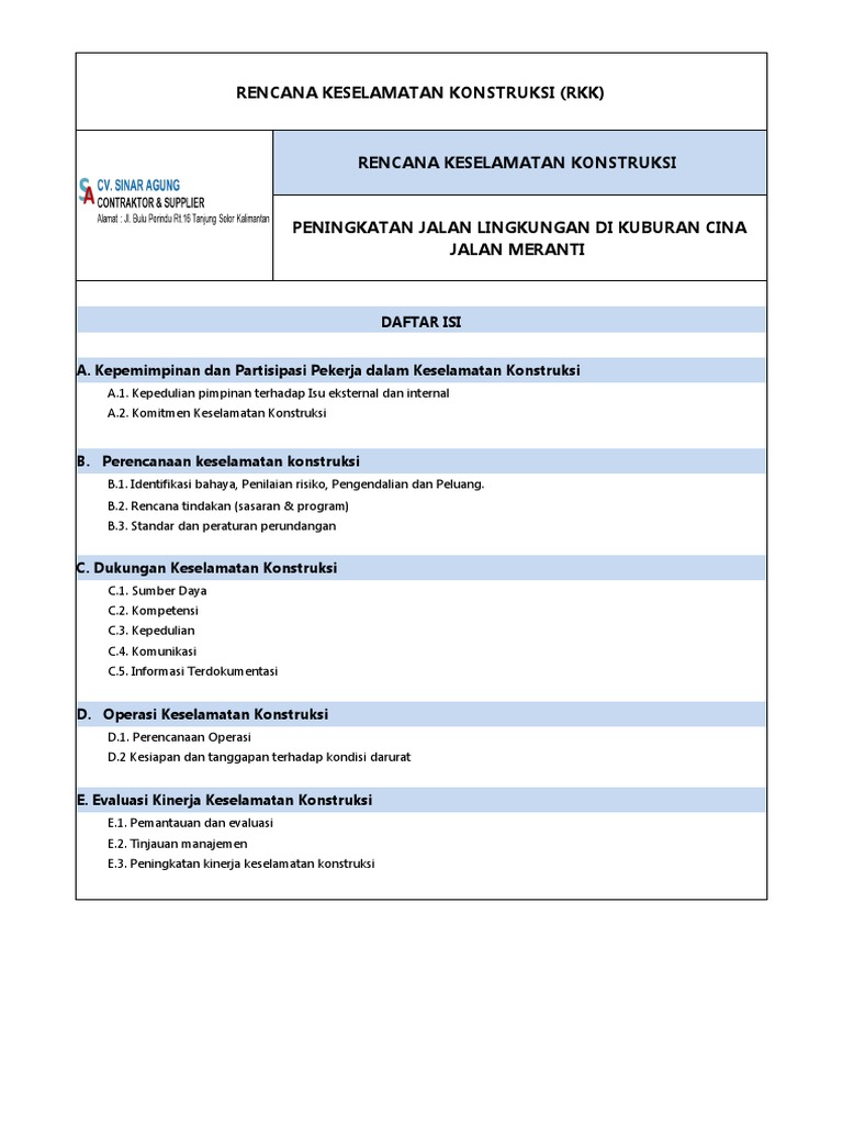 Rencana Keselamatan Konstruksi (RKK) : Daftar Isi A. Kepemimpinan Dan ...