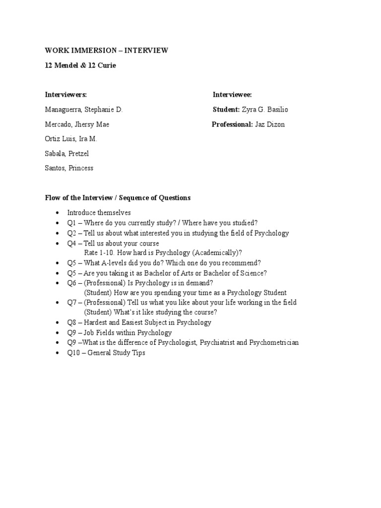 Work Immersion - Qs For Interview | PDF