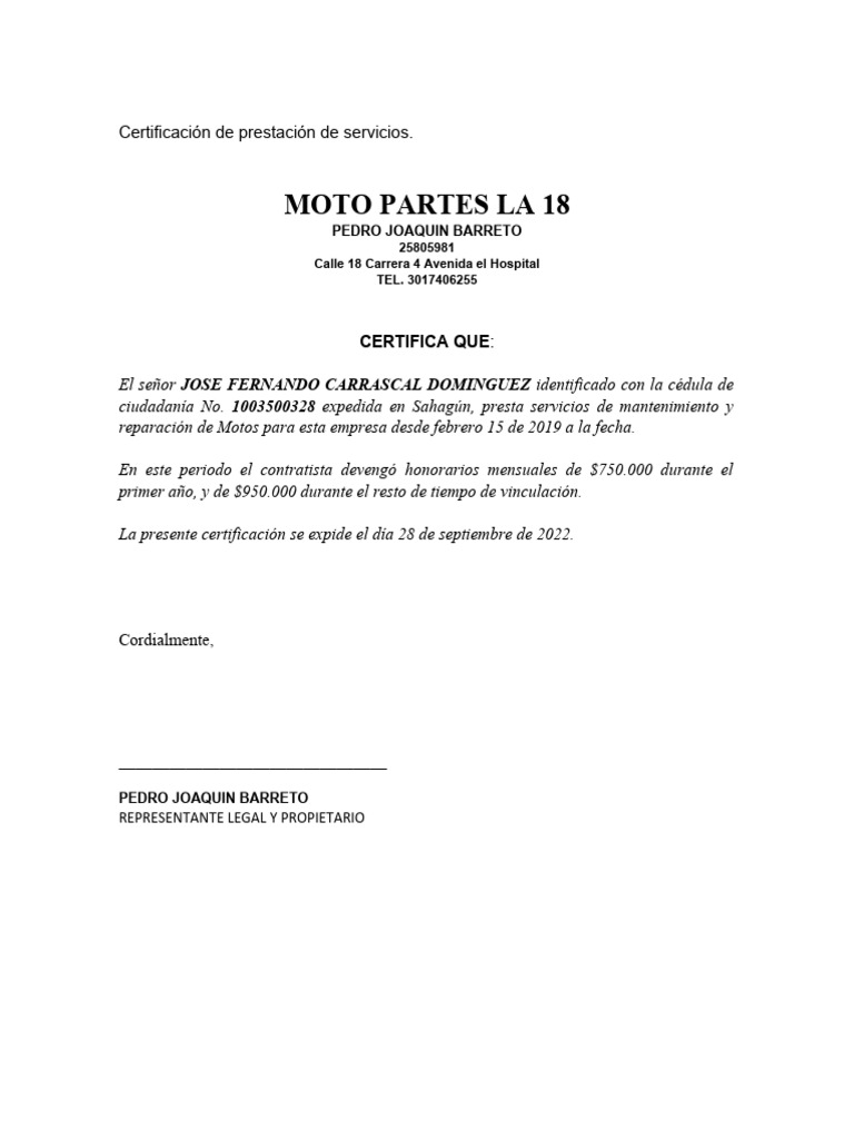 Certificación de Prestación de Servicios | PDF