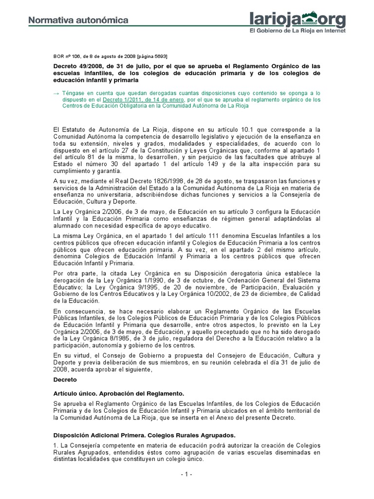 Decreto 49 2008 ROF - RIOJA | PDF | Educación primaria | Educación de ...