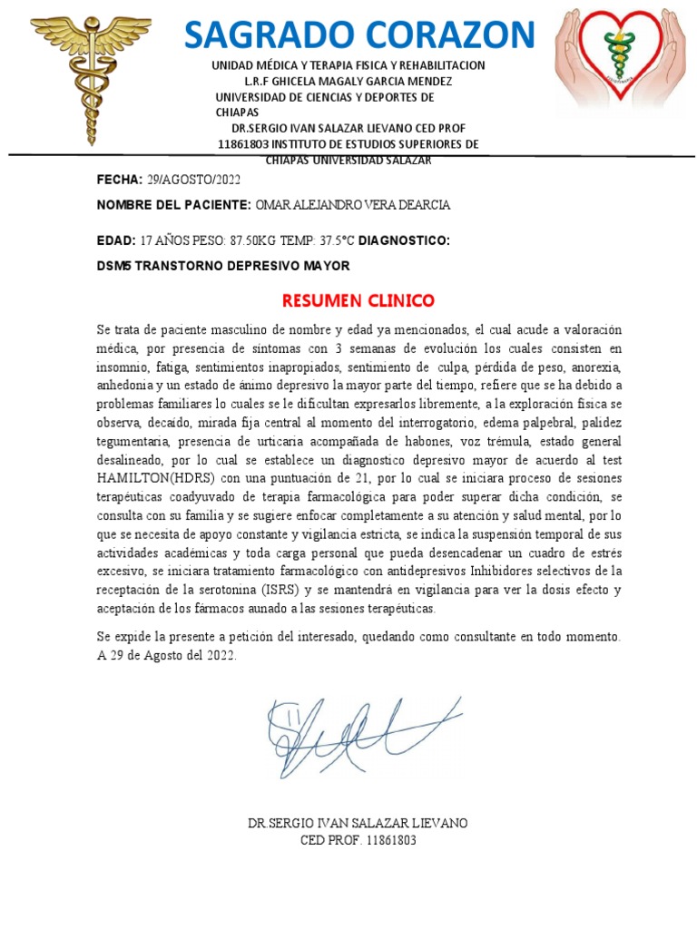 Resumen Medico Omar Alejandro Vera Garcia | PDF