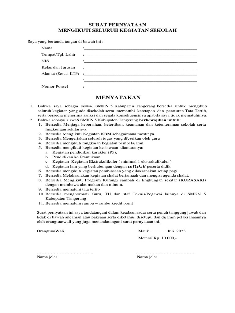 Surat Pernyataan Bersedia Mengikuti Kegiatan Sekolah | PDF