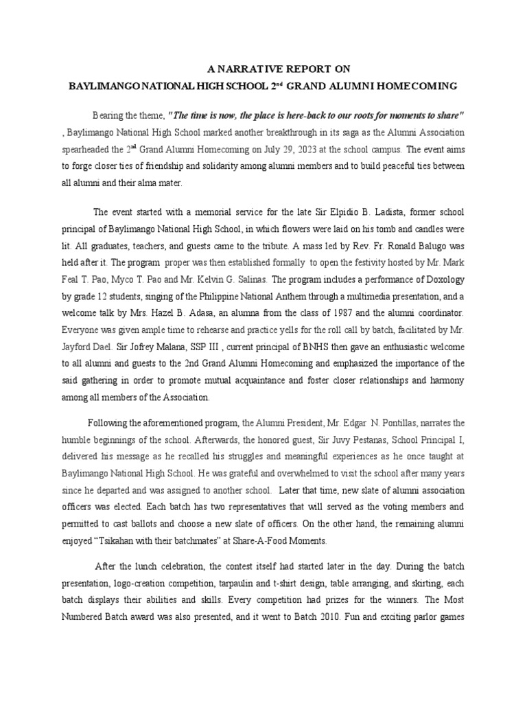 A Narrative Report On BNHS Alumni Homecoming | PDF