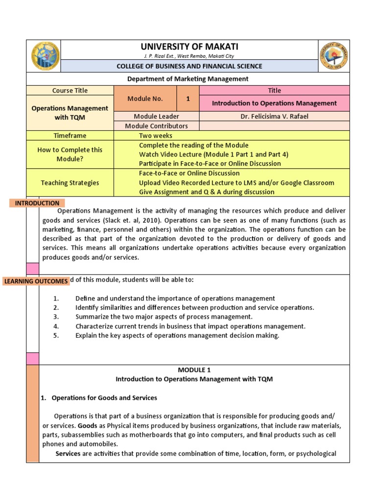 Module 1 Operation Management With TQM | PDF | Goods | Inventory