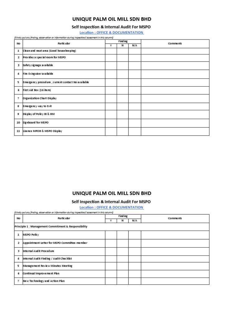 MSPO Self Audit Checklist Overview | PDF | Occupational Safety And ...