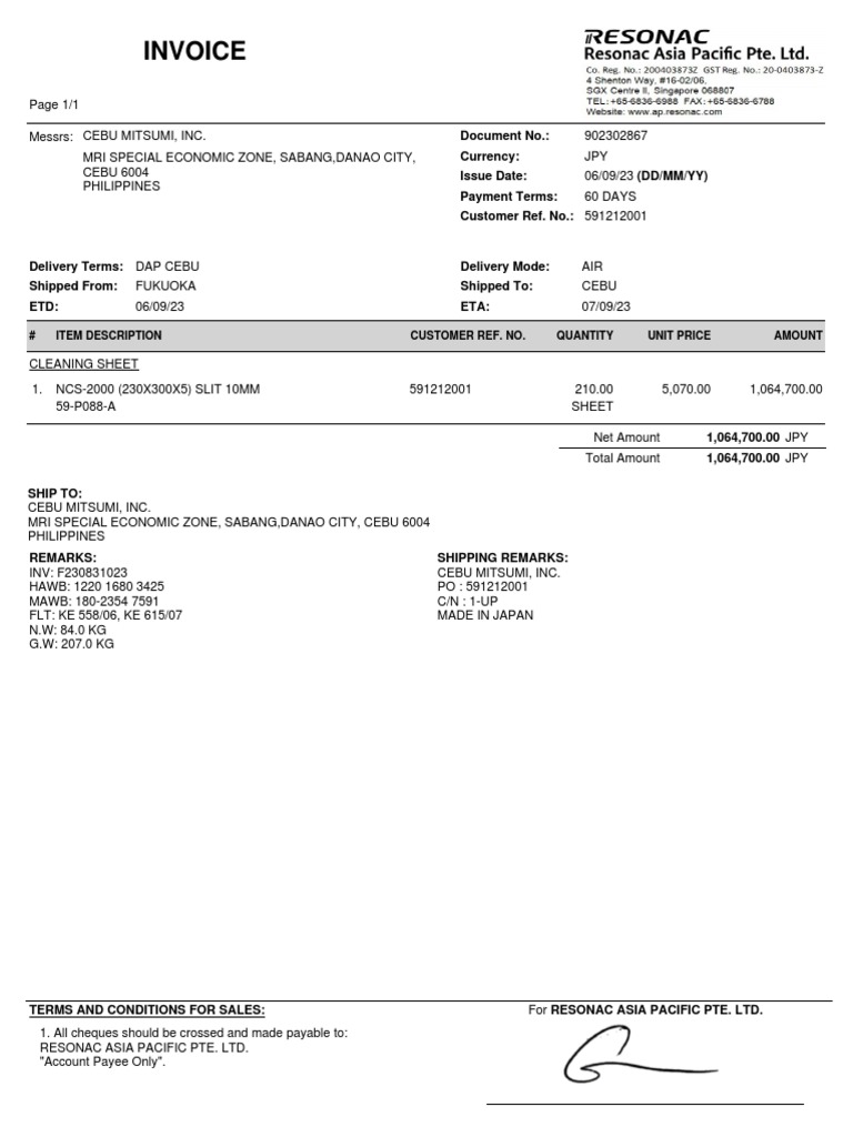 Invoice for Cebu Mitsumi, Inc. Shipment | PDF