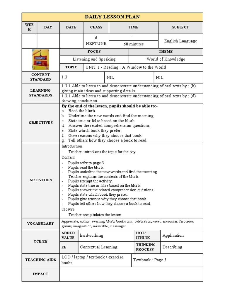 Year 6 Lesson Plan Textbook Page 3 | PDF | Reading Comprehension ...