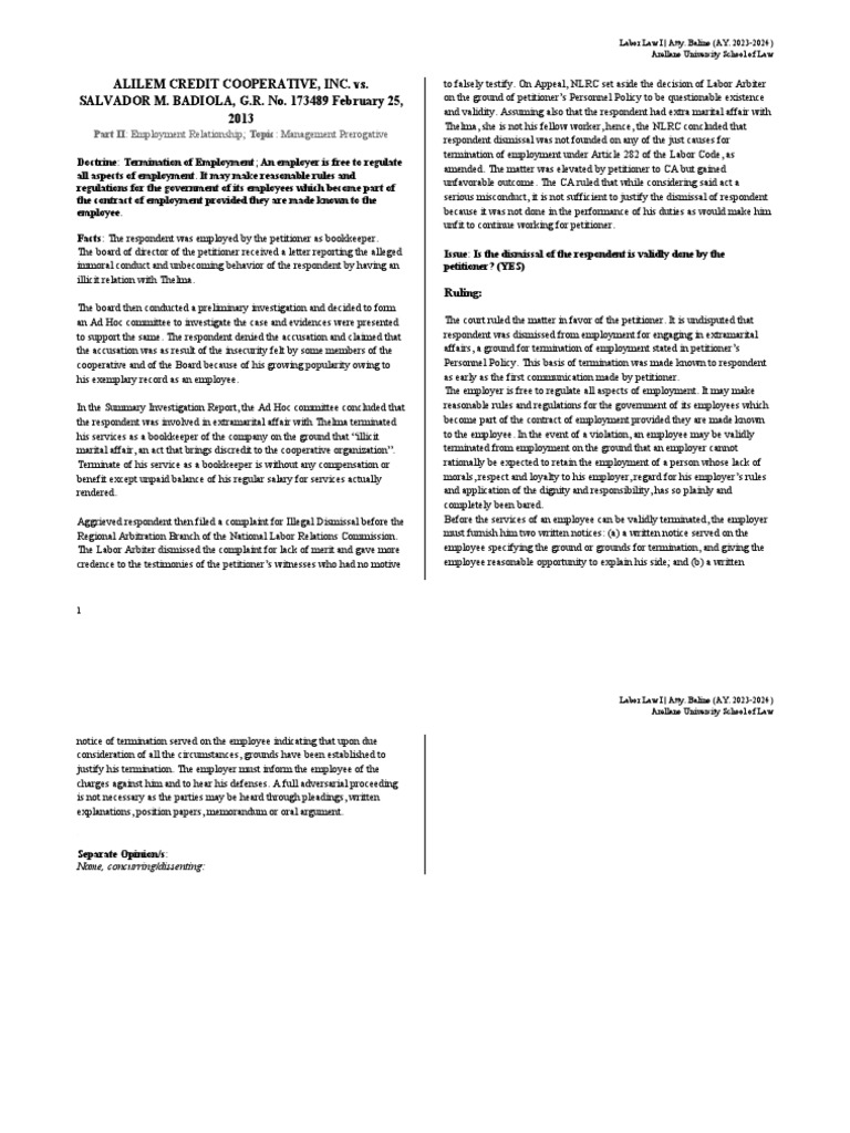 Digest Alilem vs. Bandiola, G.R. No. 173489, February 25, 2013 | PDF | Employment | Labour Law