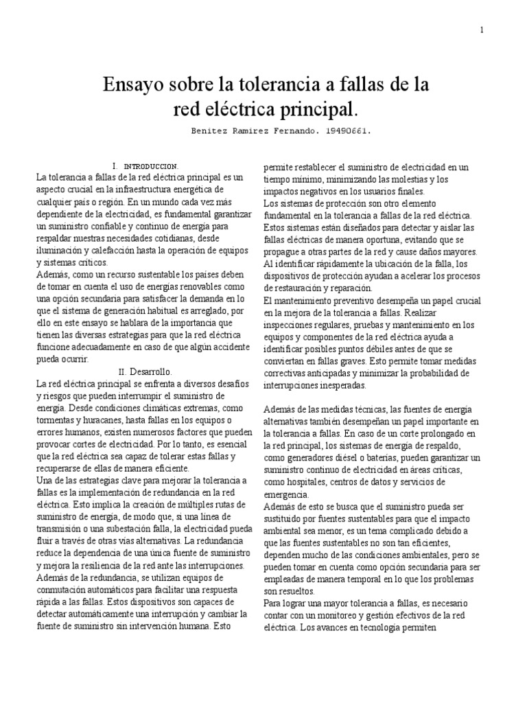 Ensayo Sobre La Tolerancia A Fallas de La Red Electrica Principal | Descargar gratis PDF ...