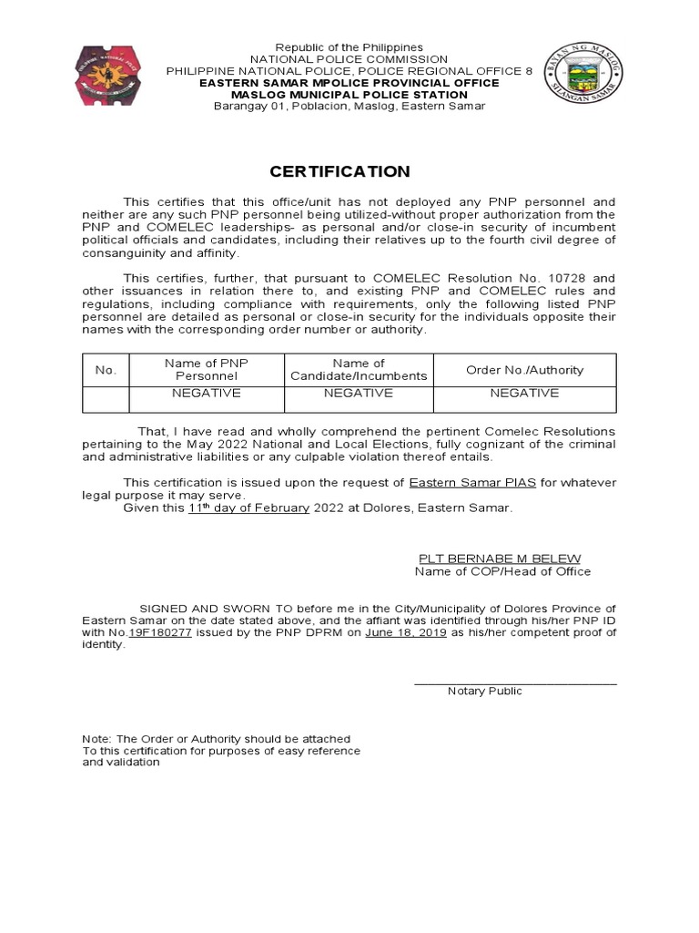 Revised Template of Certification On LOI BK (Final) | PDF | Commission On Elections (Philippines ...