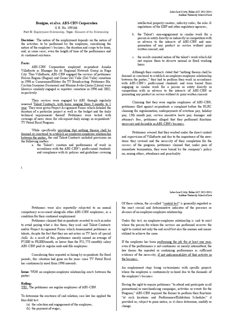 Employment Status in Begino v. ABS-CBN | PDF | Employment | Labour Law