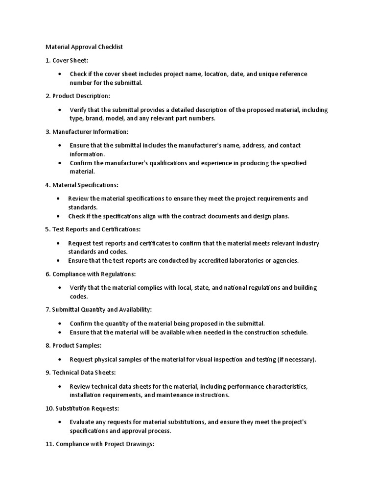 Material Approval Checklist | PDF | Specification (Technical Standard ...