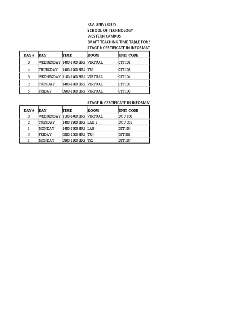 KCA University SOT Teaching Timetable 2023 | PDF | Computer Programming | Information