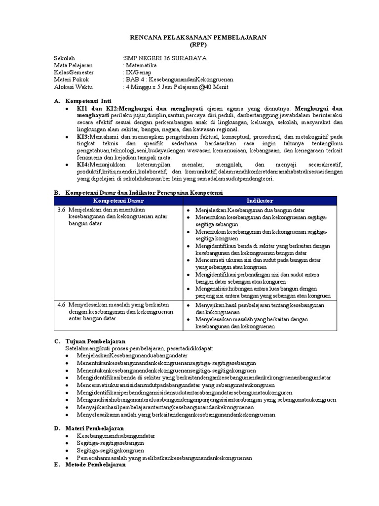 4.RPP Kesebangunan Dan Kekongruenan KLS 9 | PDF