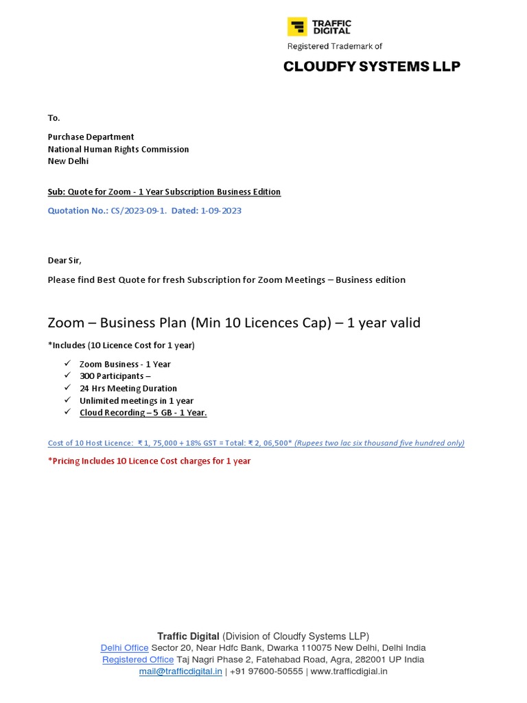 Zoom Business Subscription Quote 2023 | PDF