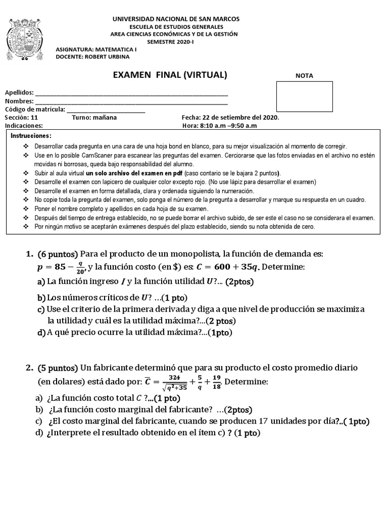 Examen Final de Matematica I. 2020-I. (Seccion) (11) (Ok) Unmsm | PDF | Costo marginal