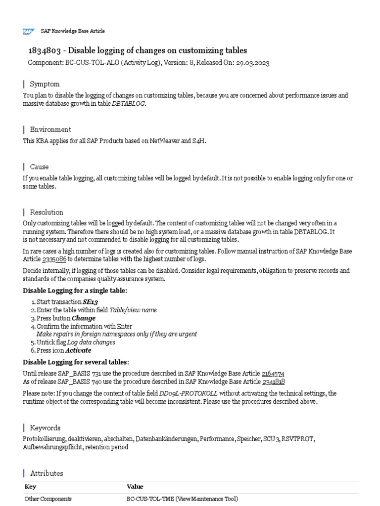 Disable Logging of Changes On Customizing Tables | PDF | Databases | Information Retrieval