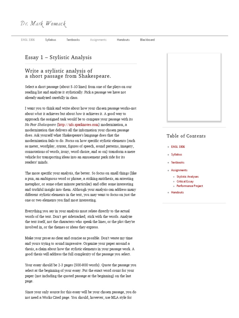 Essay 1 - Stylistic Analysis - Dr. Mark Womack | PDF | Essays | Citation