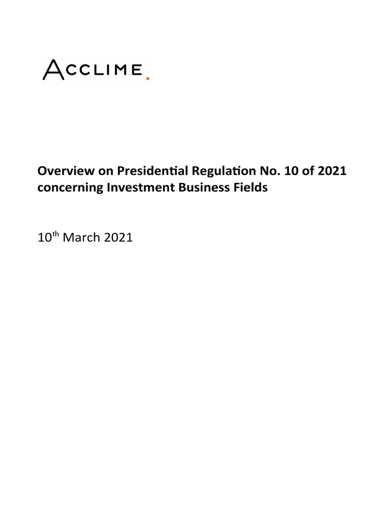 Article - Overview On Presidential Regulation No 10 of 2021 (CLEAN ...