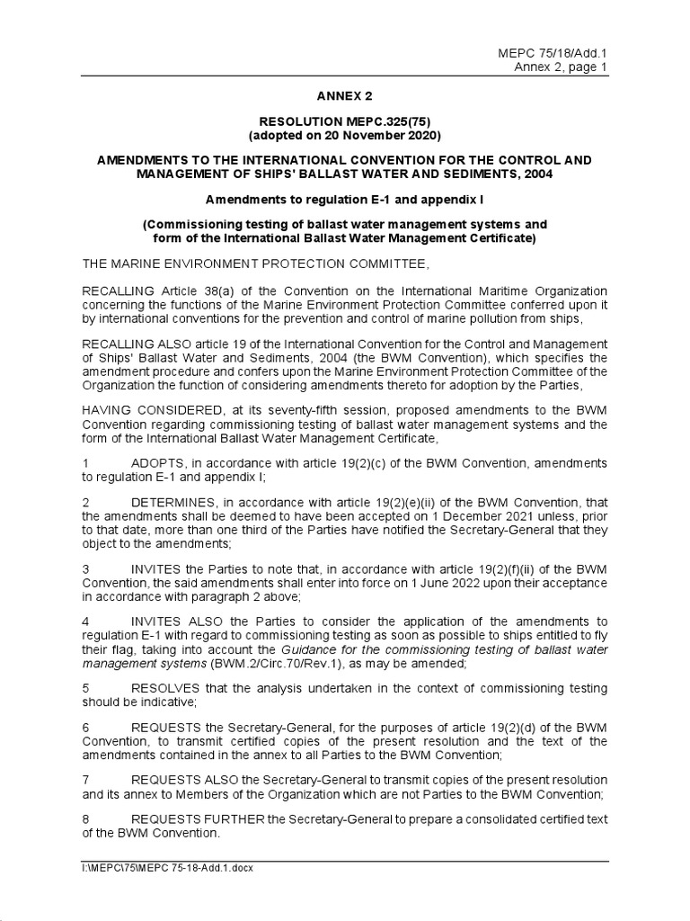 Ballast Water Management Convention - Ammendments | PDF