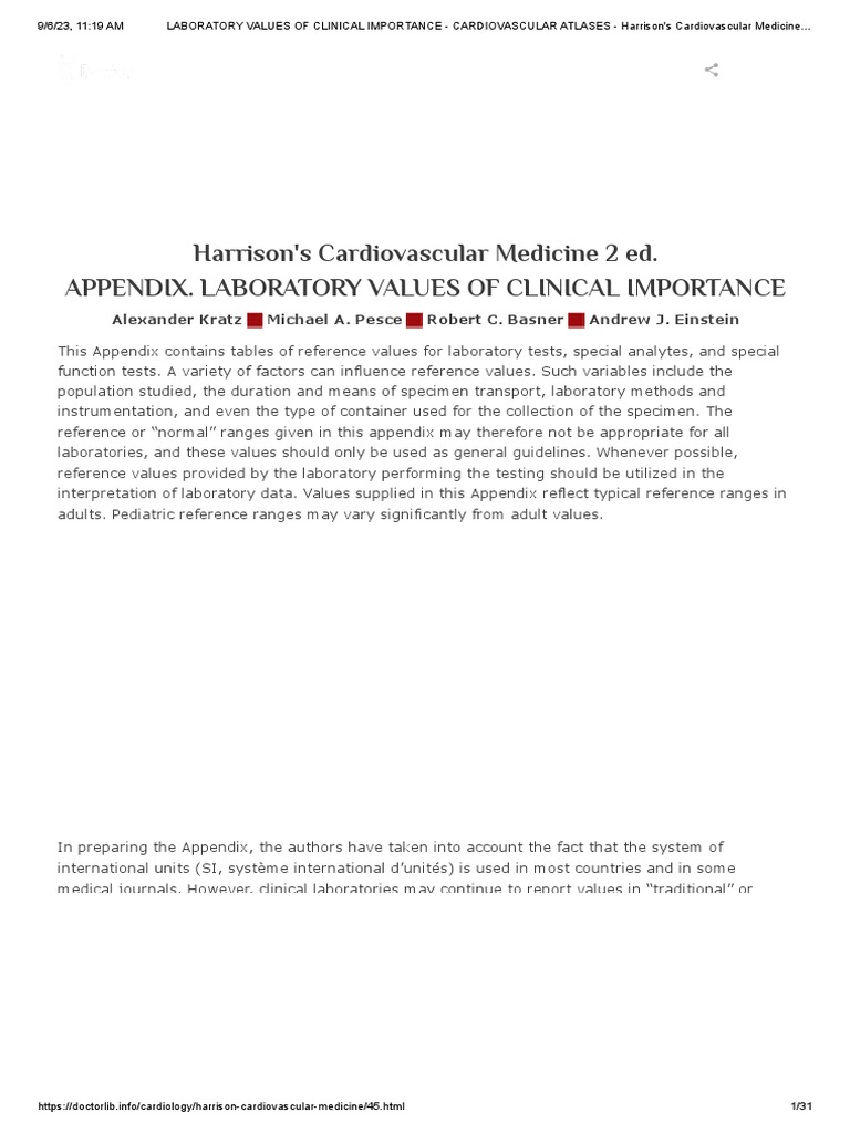 LABORATORY VALUES OF CLINICAL IMPORTANCE - CARDIOVASCULAR ATLASES ...