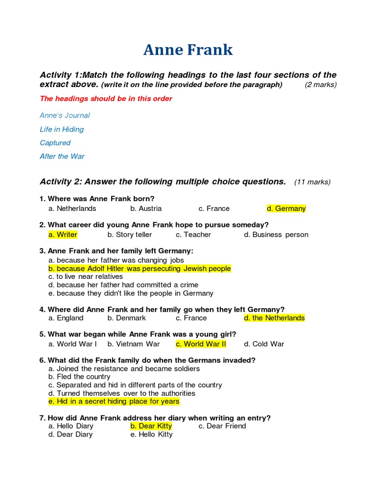 Anne Frank Reading and Writing Answers | PDF | Anne Frank