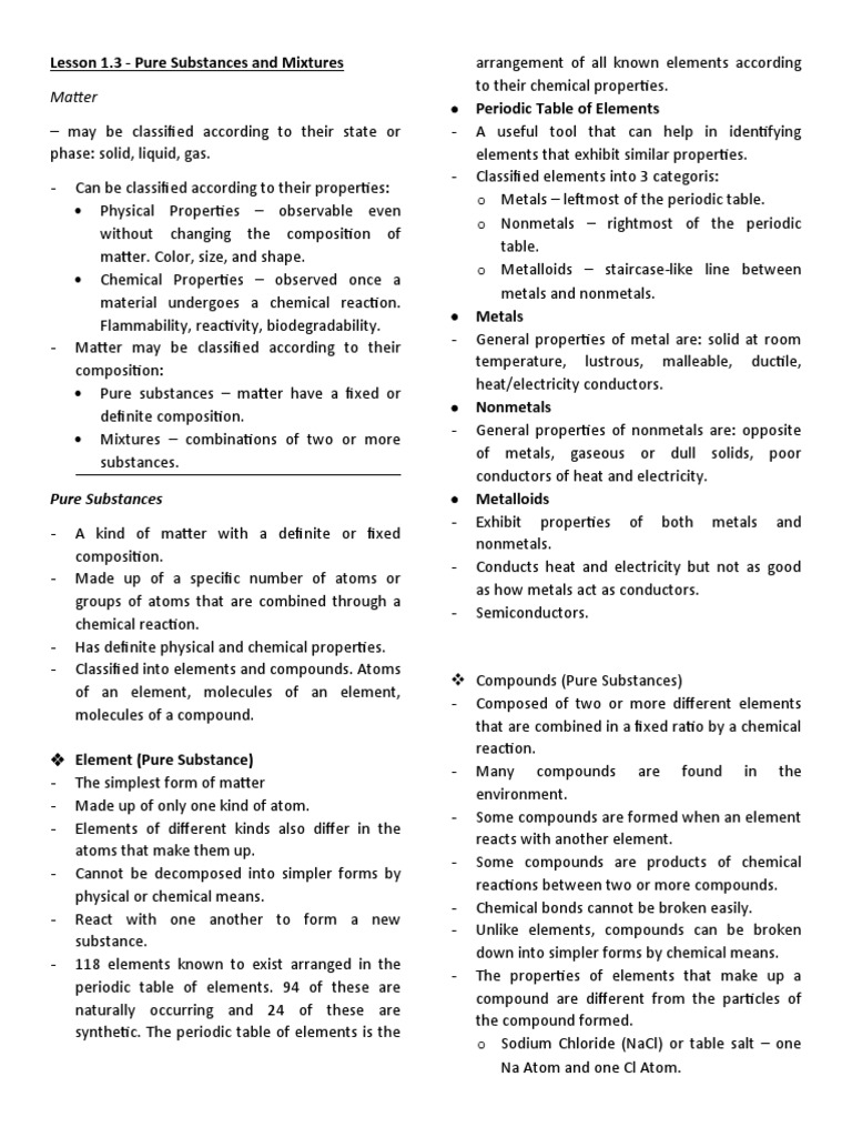 Lesson 1.3 Pure Substances and Mixtures | PDF | Chemical Compounds | Mixture
