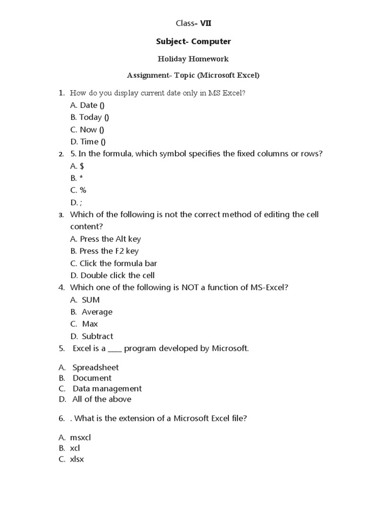 Excel Homework for Class VII Students | PDF | Microsoft Excel | Spreadsheet
