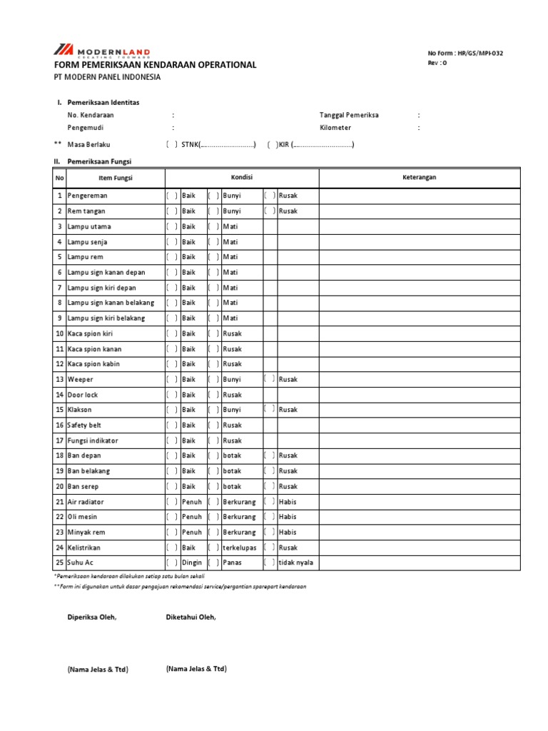 32.FMLR-MPI - HR.HSE.32 - Form Pemeriksaan Kendaraan Operational | PDF